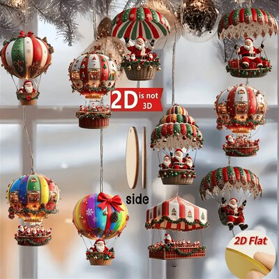 10Pc Chritma Wooden Hot Air Balloon Santa Clau 2D Flat Woode