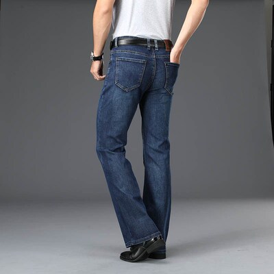 Mens Flared Jeans High Waist Elastic Loose Flared Denim Wid