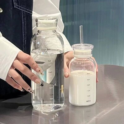 700ml Large Capacity Glass Water Bottle With Time Marker Cov