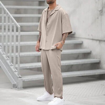 Summer Mens Sets Clothing Casual Loose Lapel Button Shirt A