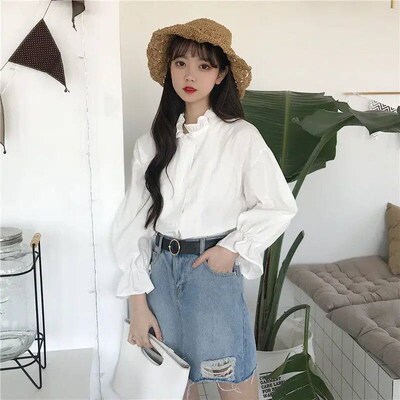 Ruffle Preppy White Shirt Oversize Women nd Korean Stand Col