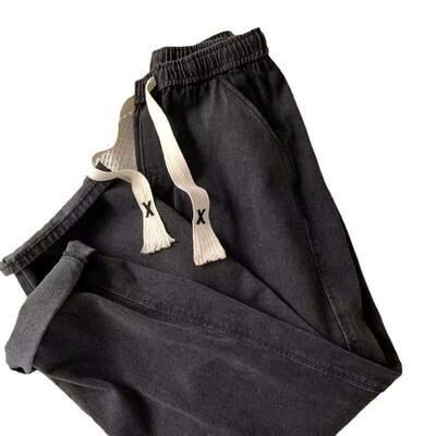Smoke Grey Vintage Rope-braided Jeans Mens Straight Loose F
