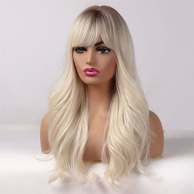 Long Platinum Blonde Wavy Synthetic Wigs for Women Natural W