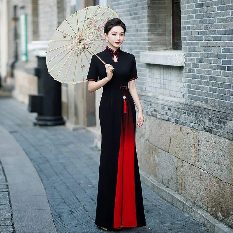 Black Plus Size 5XL Female Rayon Aodai Qipao Chinese Dress G
