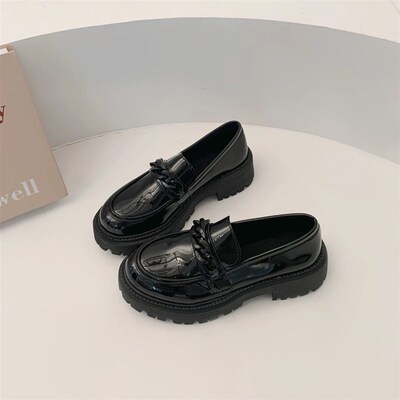 Ladies British Style Leather Shoes 2023 spring Black Muffin