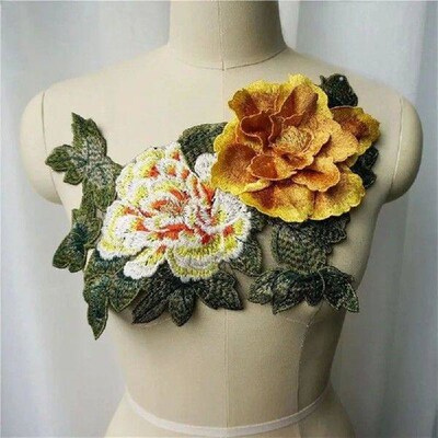 Embroidered Peony Flower Patches Sticker Removable Large