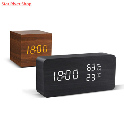 Alarm Clock LED Wooden Watch Table Voice Control Digital Woo