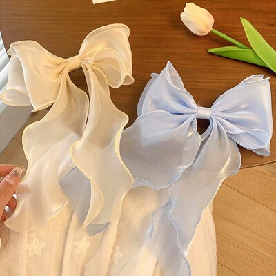 Princess Hair Clip Multi-Layer Pearlescent Ribbon Bow Spring