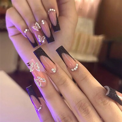 24Pcs Simple Blue French Fake Nails with Diamond Love Patter