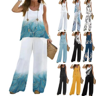 Women Summer ops Vest Tank Sleeveless Tees Pants Wide Leg Fu