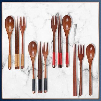 1pc+Wooden+Chopsticks+Fork+Spoon+Three-piece+Set+Twine+Japan