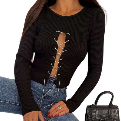 Threaded Lace-up All-match Round Neck Navel Short Top Pure D