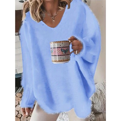 plus Size Fuzzy Knit Long Sleeve Lightweight Cropped Pullove