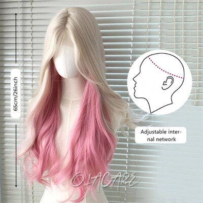 OLACARE Curly Long Wavy Pink Blonde Highlights Synthetic