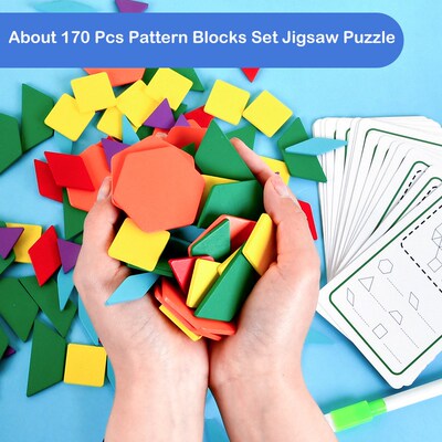 170 Pcs Wooden Pattern Blocks Set Geometric Shape Jigsaw Puz
