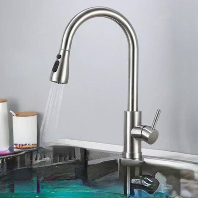 Brushed Nickel Kitchen Faucet Single Hole Pull Out Spout Kit