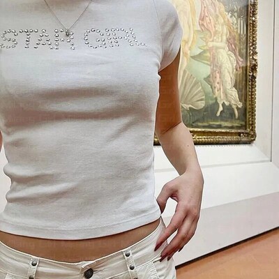 Goth Rhinestones Star girl print Baby Tee Vintage Sreet Wome