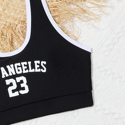Girl Letter Graphic Contrast Binding Bikini Swimsuit Kids wi