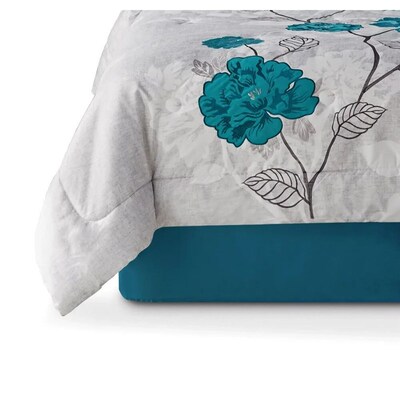 7-Piece Teal Roses Comforter Set, Full/Queen, with Embroider