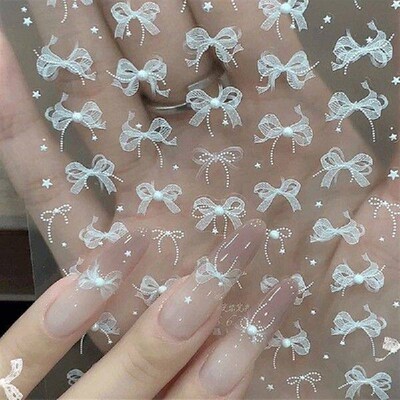 Pearl Lace Bow Shape Nail Sticker With Diamonds Relief