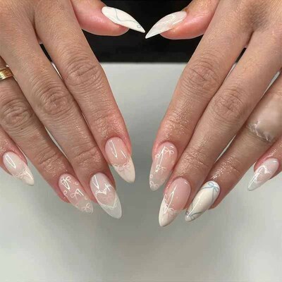 24Pcs Cute Pink Fake Nails Long Almond Press on Nails with B