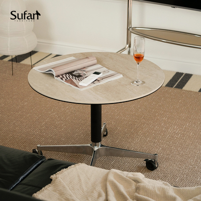 舒梵随行茶几/可升降移动多功能小圆桌/中古洞石岩板咖啡桌边几
