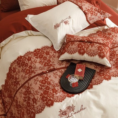 恒洽家纺婚庆全棉床四件0支长绒棉蕾丝结婚被床上用品1.8