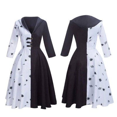 Cruella De Vil Cosplay Costume Women Gown Black White Maid