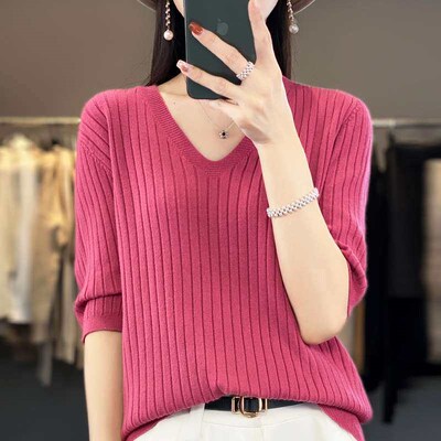 Worsted wool summer New womens five-quarter sleeve v neck s