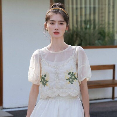 Oumea Women Crochet Cotton Crop Tops Floral Embroidery Sleev