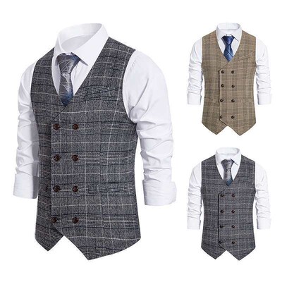 New mens plaid double-breasted suit vest youth fashion casu