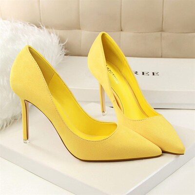 Women 9cm High Heels Yellow Burgundy Pumps Plus Size Strippe