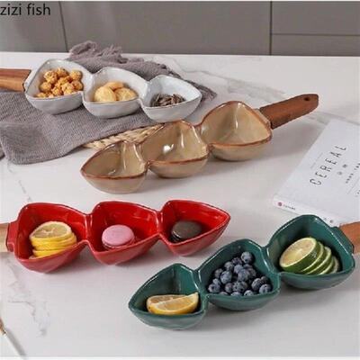 Wooden+Handle+3-grid+Ceramic+Bowl+Snack+Bowls+Dried+Fruit