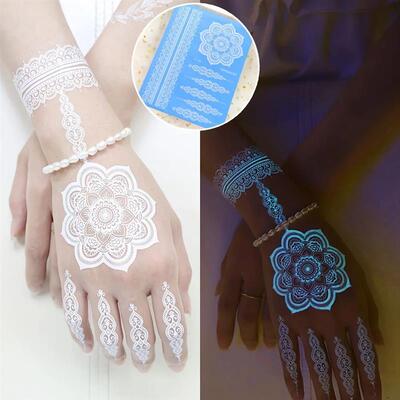 Blue Luminous Henna Tattoo Sticker Girls Tribal White Lace L