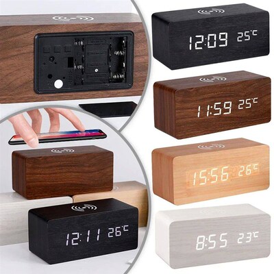Modern Wooden Wood Digital LED Desk Alarm Clock Thermometer