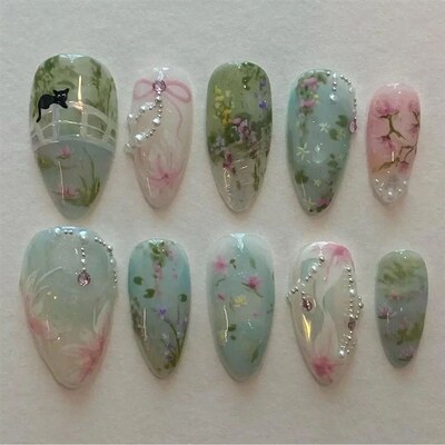 24Pcs Pink Almond French Press on Nails With 3D Bow ripple c