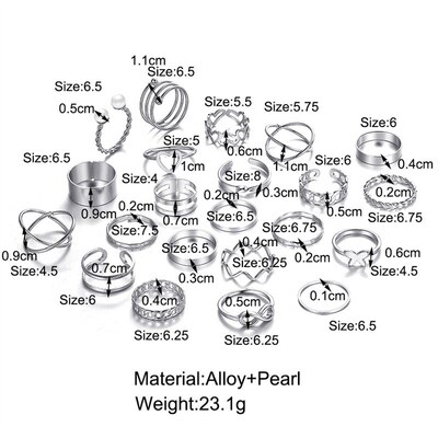 22Pcs/Set Silver Color Butterfly Pearl Rings Set For Women G