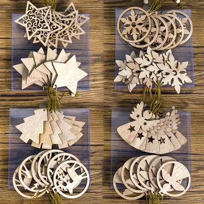 12PCS Christmas Wooden Pendants No Box Hallow Star/Angel