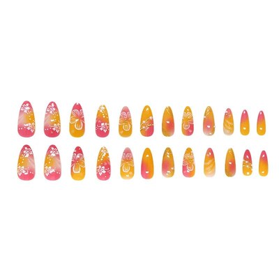 24pcs White Flower Fake Nail Tips Ins Yellow Pink Blush Fals