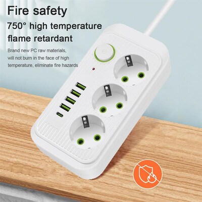 EU Plug Power Strip 2M Extension Cable Multiprise 3AC Outlet