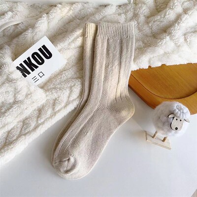 Womens Winter Wool Socks Solid Color Fleece Midcalf Double N