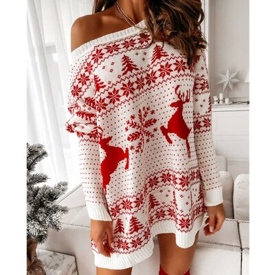 Women Christmas Sweater Dress Autumn Winter Long Sleeve Off