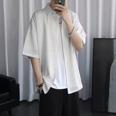 Summer Distinctive Striped Short-sleeved Shirt Mens Loose t