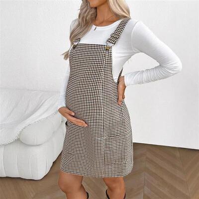 maternity suspender plaid dress spring Pregnant women skirt