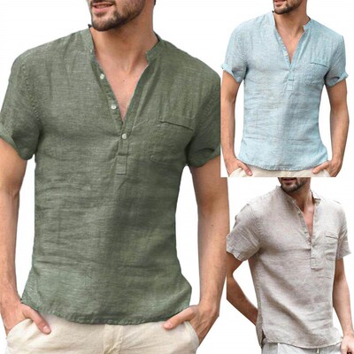 Summer Men Shirts Button V Neck Patch Pocket Linen Top Short