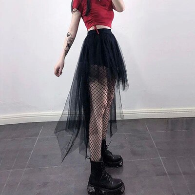 Gothic Black Tulle Skirt Women Summer Fashion High Waist Str