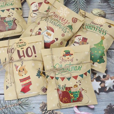 24Set Christmas Gift Bag Kraft Paper Bags Santa Claus Snowma
