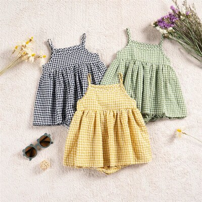 Baby Girls Summer Plaid Rompers  Newborn Kids Sleeveless Dre