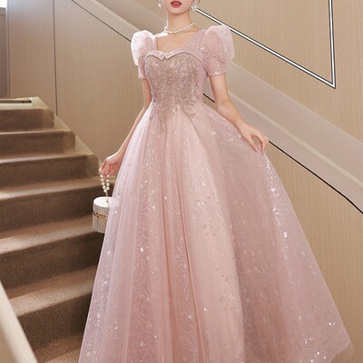 Pink Sequin Evening Dress Elegant Appliques Floor-Length Pea