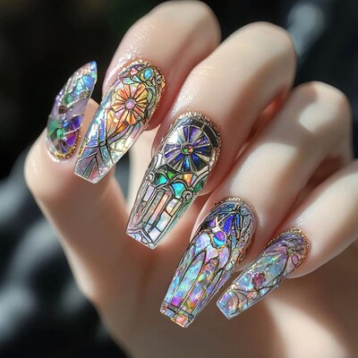24pcs/set Medium long fake nails Swan fish flowers for summe
